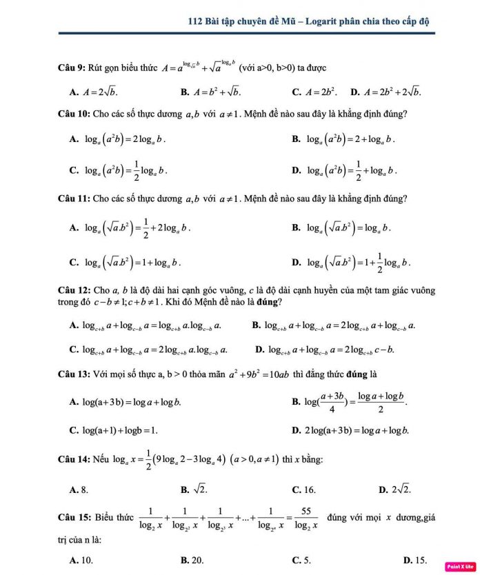 Bài tập phương trình mũ, bài tập logarit lớp 12 có đáp án