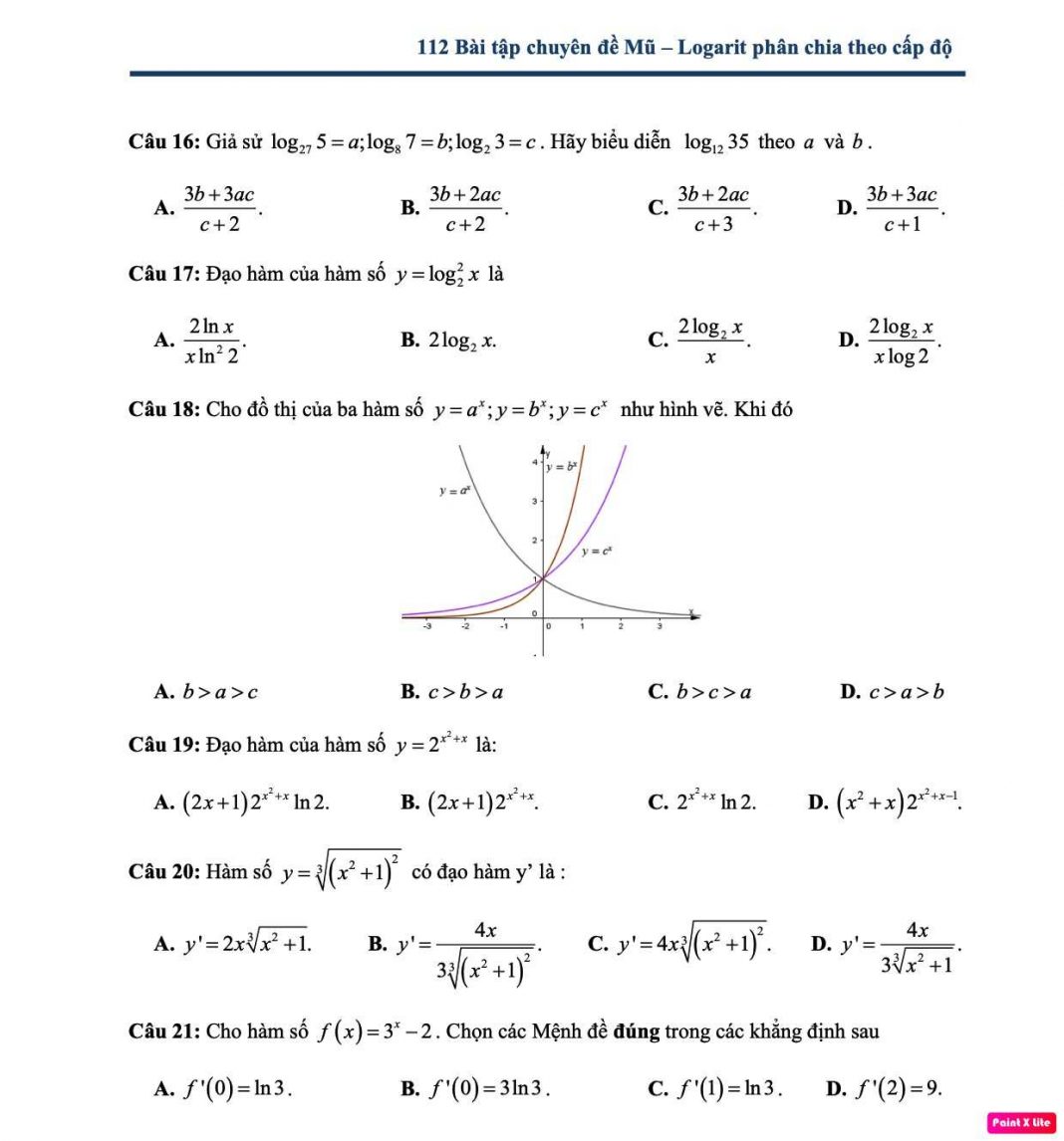 Bài tập phương trình mũ, bài tập logarit lớp 12 có đáp án