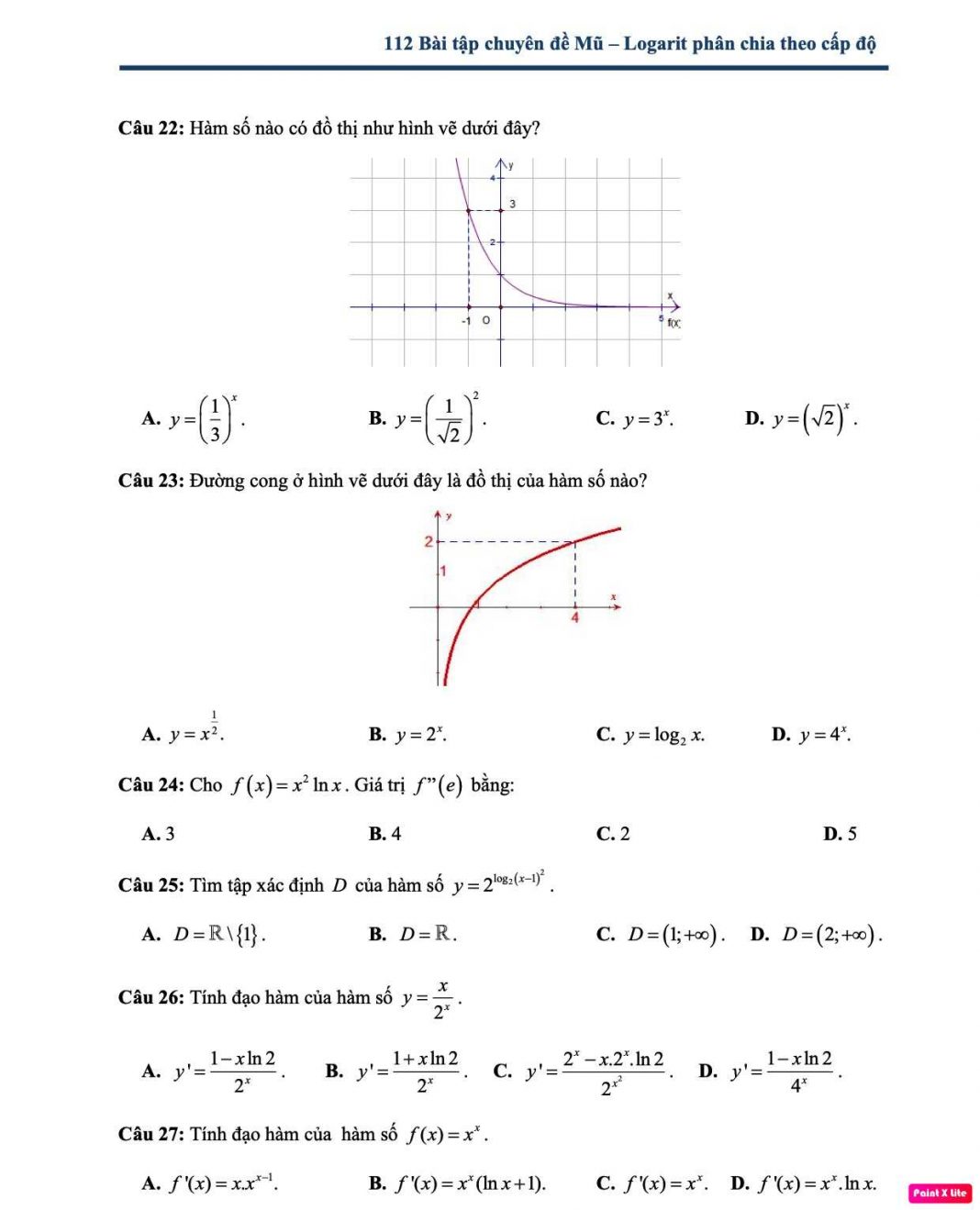 Bài tập phương trình mũ, bài tập logarit lớp 12 có đáp án
