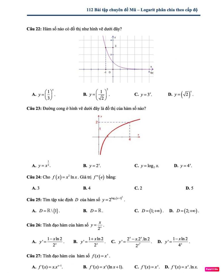 Bài tập phương trình mũ, bài tập logarit lớp 12 có đáp án
